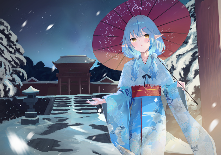 Safebooru - 1girl absurdres ahoge aki uzuki3 alternate costume blue hair blue kimono cowboy shot ...