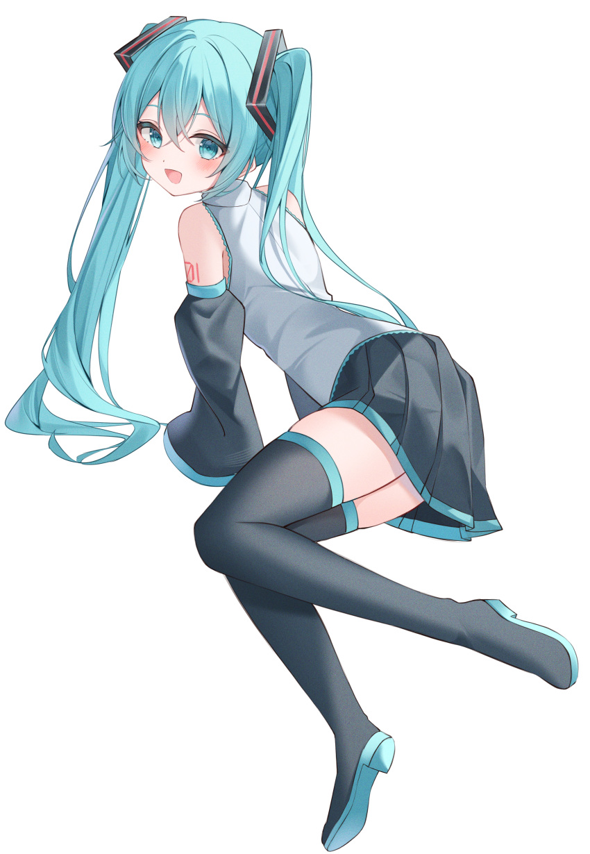 Safebooru - 1girl absurdres aqua eyes aqua hair bare shoulders black footwear black skirt black ...