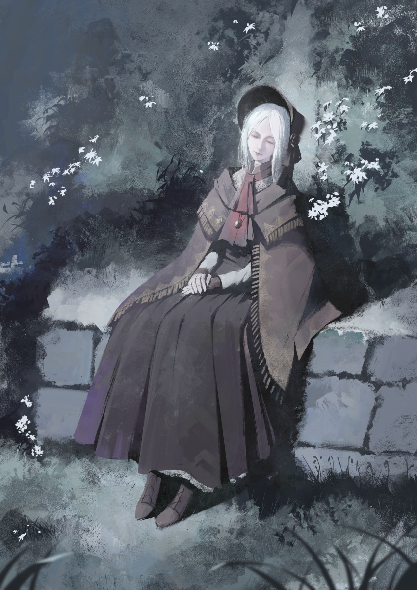 Safebooru - 1girl absurdres ascot bloodborne bonnet boots brown cloak brown dress brown footwear ...