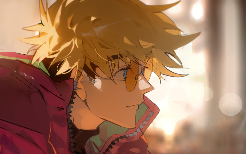 Safebooru - 1boy absurdres black shirt blonde hair blue eyes blurry ...