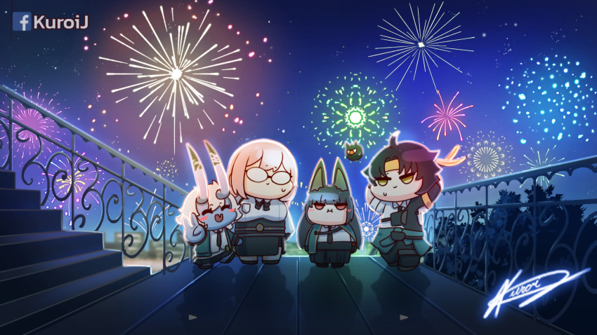Safebooru - 1boy 2025 3girls animal ears asaba harumasa black hair chibi closed eyes fireworks ...