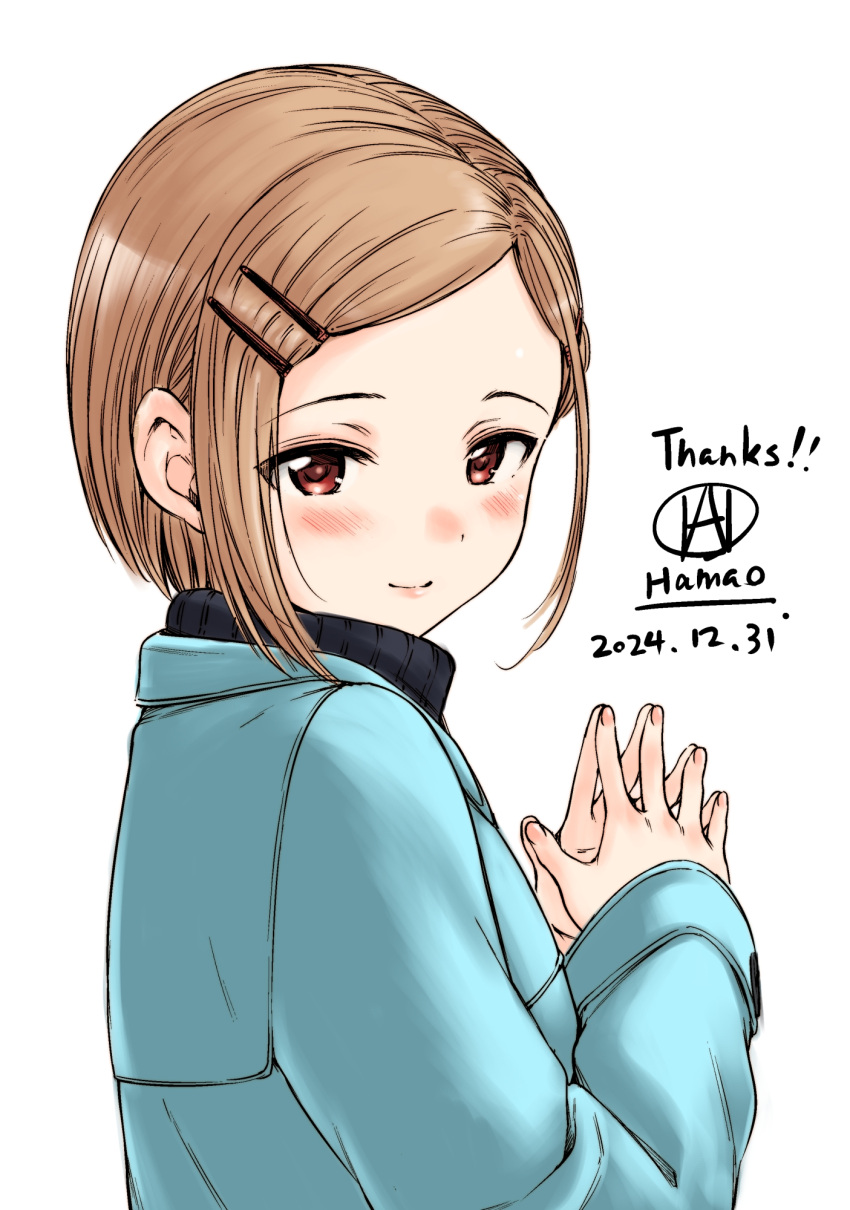Safebooru - 1girl blue jacket blush brown eyes brown hair commentary request dated hair ornament ...
