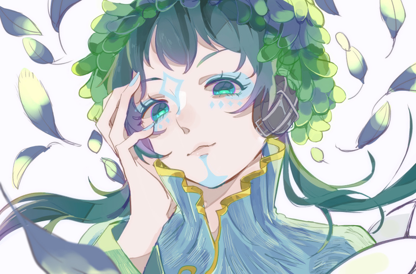Safebooru - 1other androgynous blue eyes blue hair facepaint facial mark feathers forehead mark ...