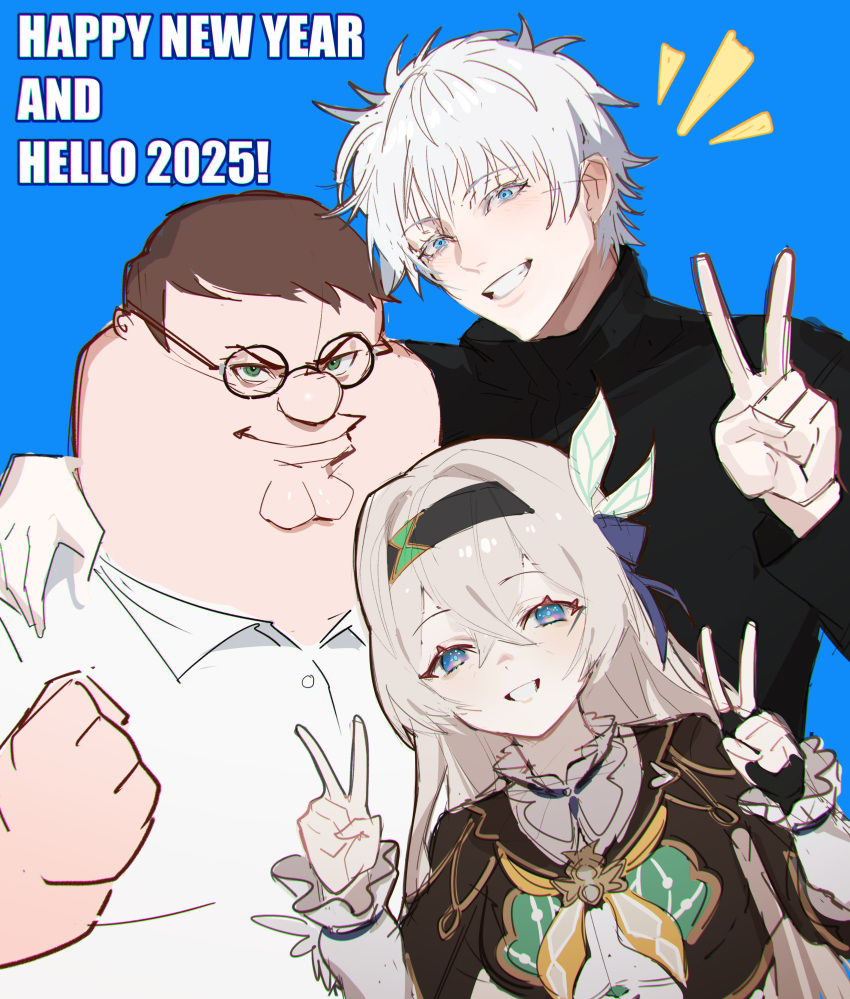 Safebooru - 1girl 2025 2boys absurdres black capelet black hairband blue background blue eyes ...