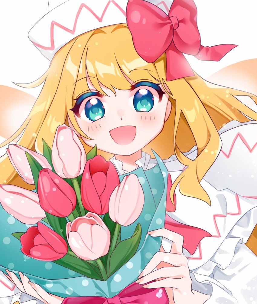 Safebooru - 1girl :d blonde hair blush bouquet bow capelet commentary request fairy wings flower ...