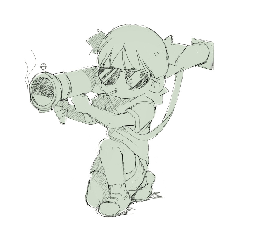 Safebooru - 1girl child cigarette green hair gun highres holding ...