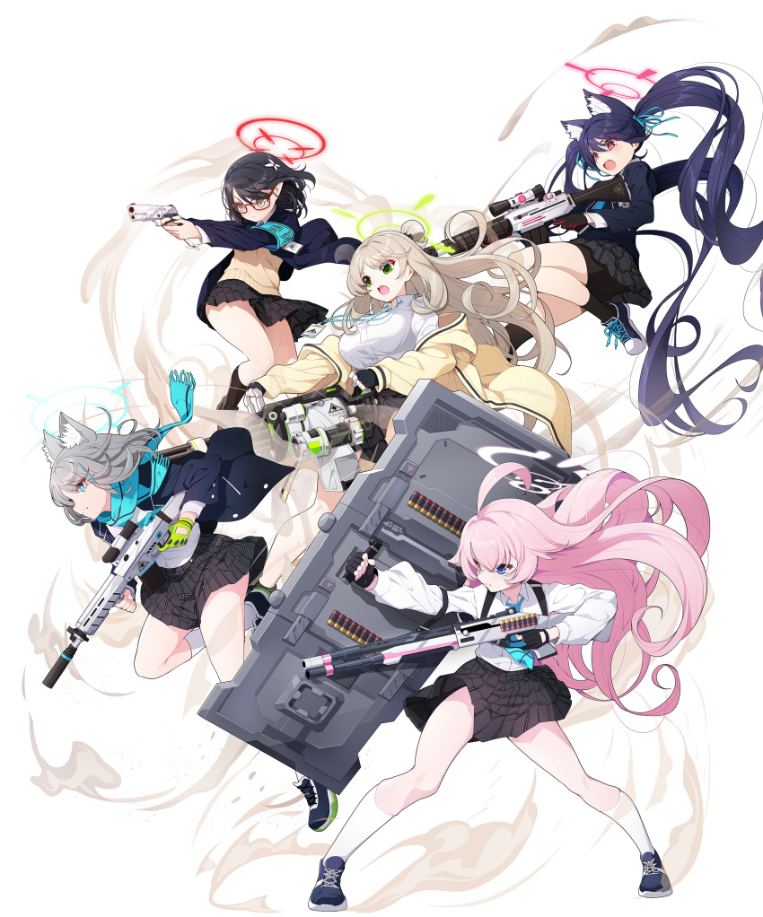 Safebooru - 5girls absurdres ahoge aiming animal ears aqua armband aqua scarf assault rifle ...