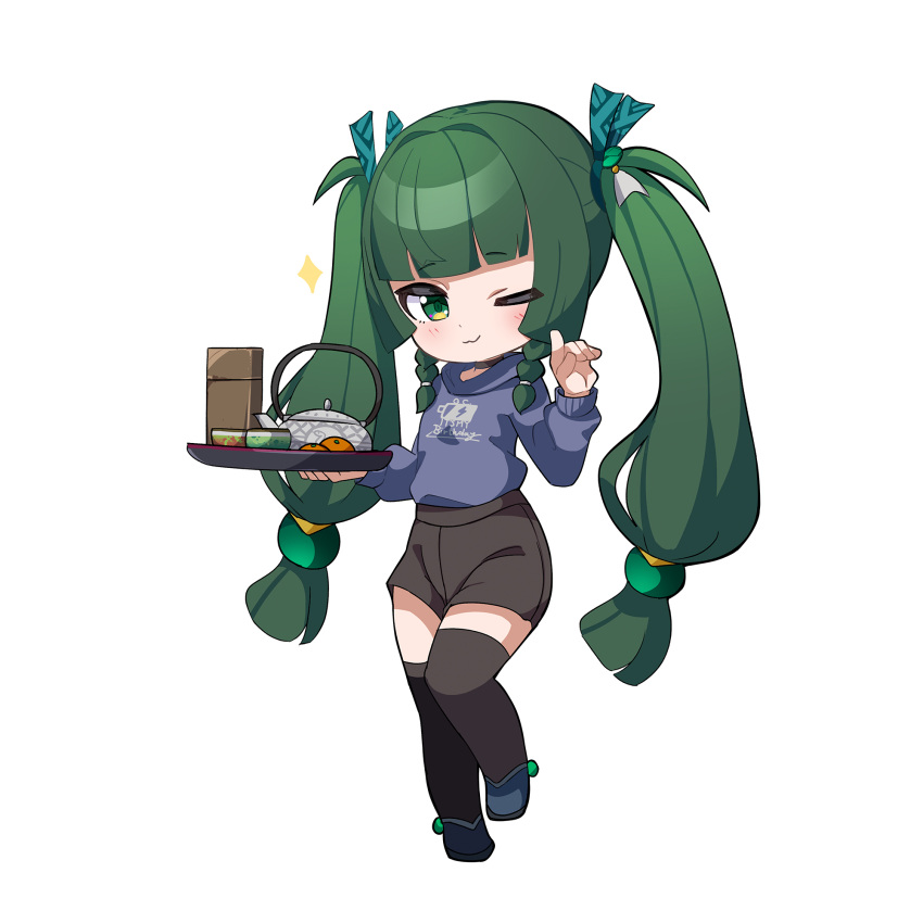 Safebooru - 1girl ;3 ame. black thighhighs blue footwear blue shirt ...