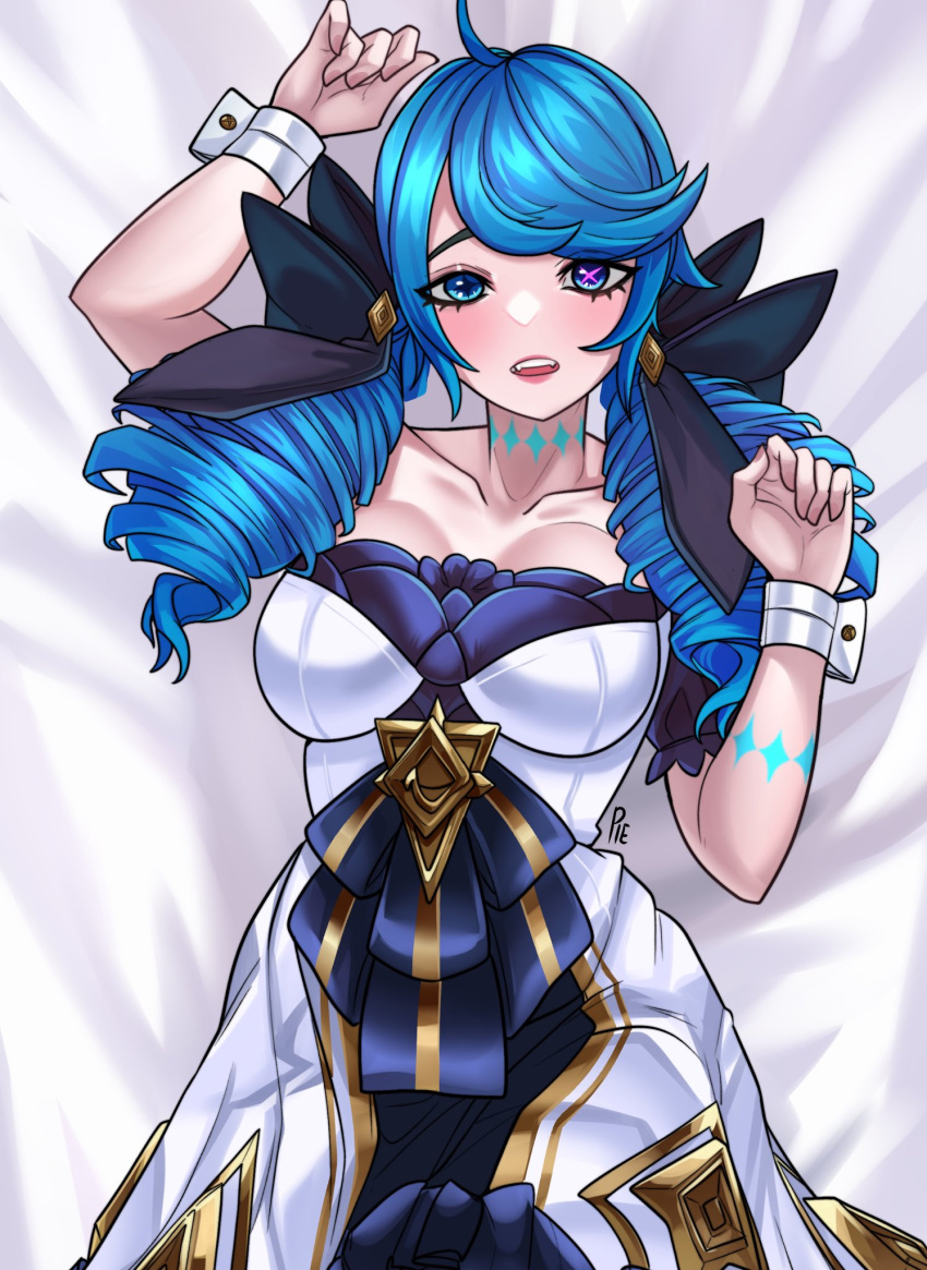 Safebooru - 1girl :d ahoge arm up black bow black dress blue hair bow braid breasts collarbone ...