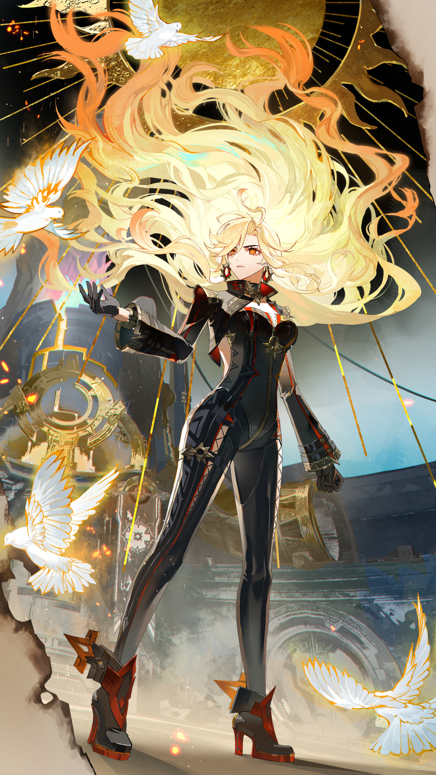 Safebooru - 1girl absurdres biker clothes bikesuit bird black bikesuit black footwear black ...