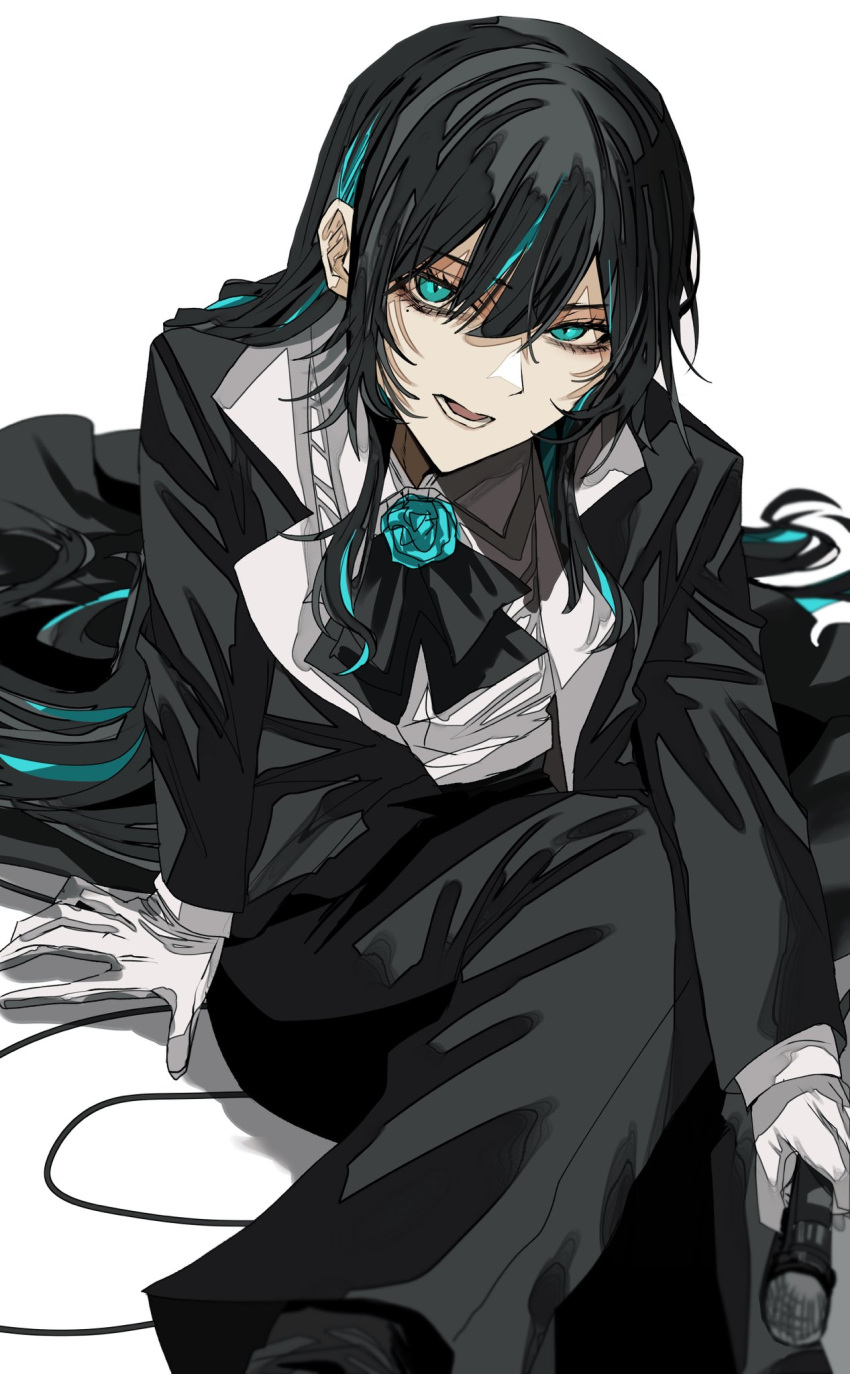 Safebooru - 1girl ado (utaite) black bow black bowtie black coat black hair black pants blue ...