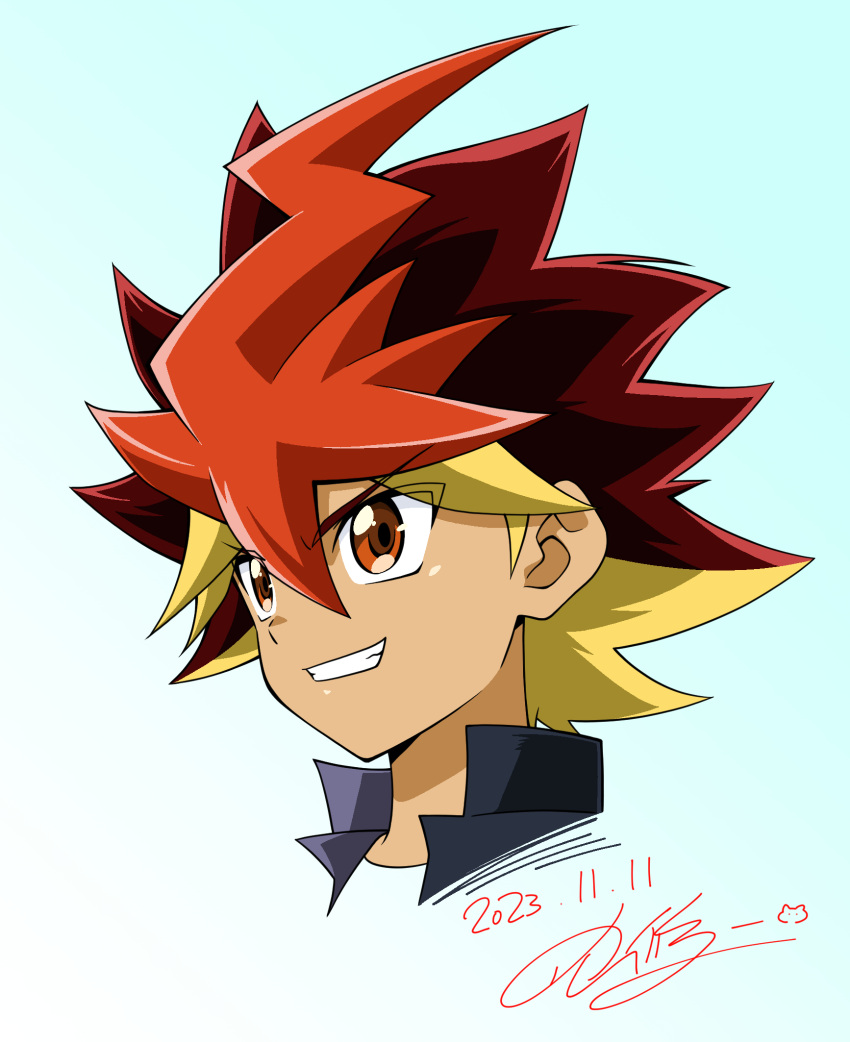 Safebooru - 1boy blonde hair blue background breasts brown eyes brown hair close-up dated ...