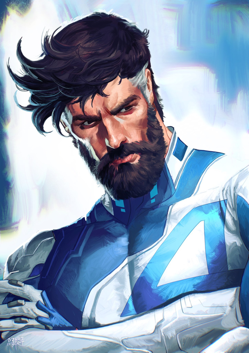 Safebooru - 1boy beard black hair blue bodysuit bodysuit facial hair ...