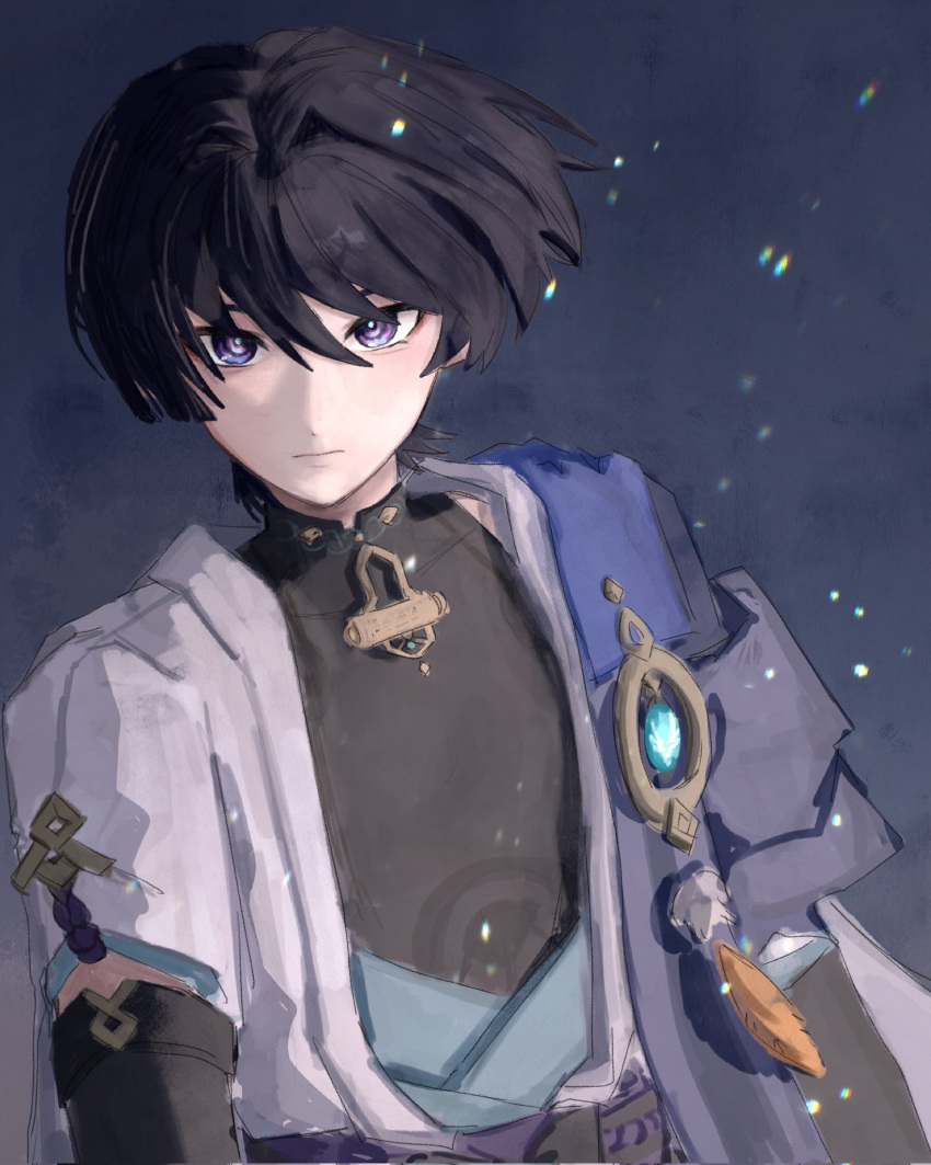 Safebooru - 1boy anemo symbol (genshin impact) arms at sides belt black belt black bow black ...