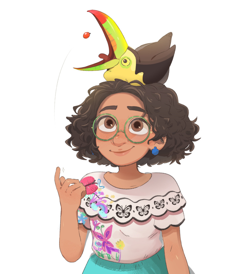 Safebooru - 1girl bird brown eyes brown hair curly hair dark-skinned female dark skin dress ...