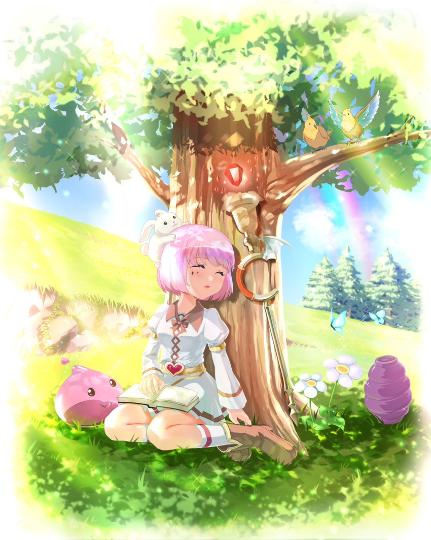 Safebooru - 1girl bird blue butterfly blush book bug butterfly closed eyes day dress full body ...