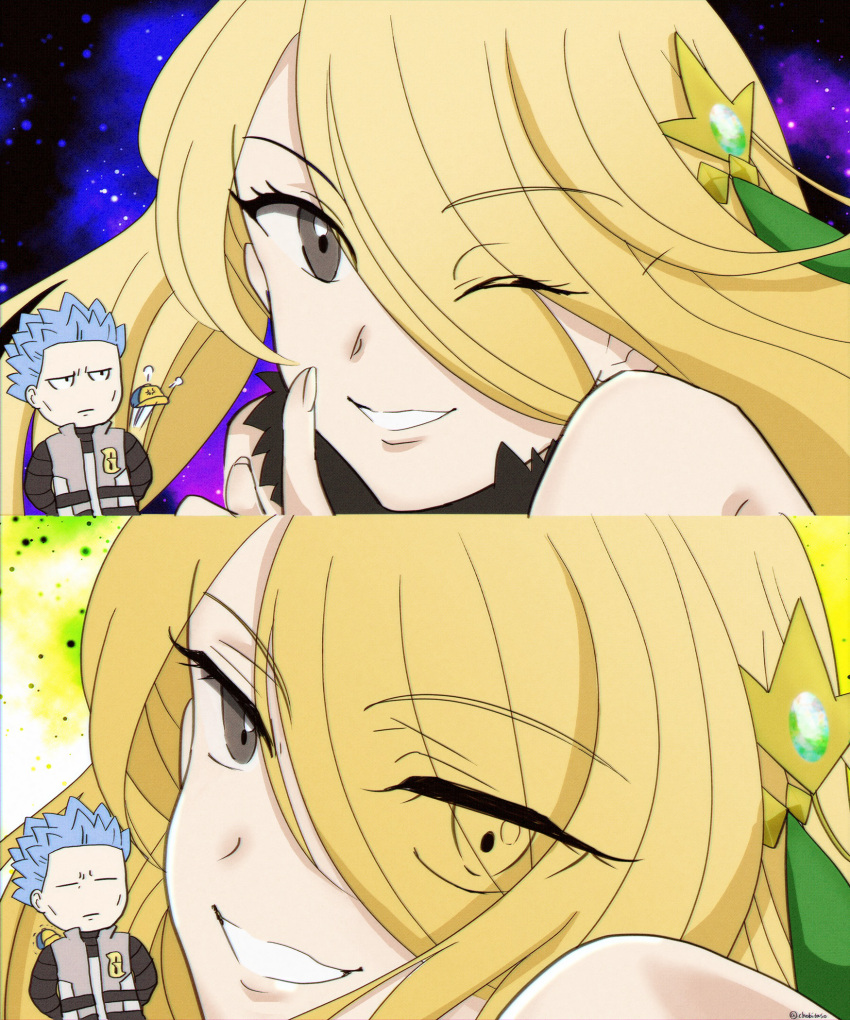 Safebooru - 1boy 1girl blue hair brown eyes chibi chibi inset chobisato closed eyes cynthia (arc ...