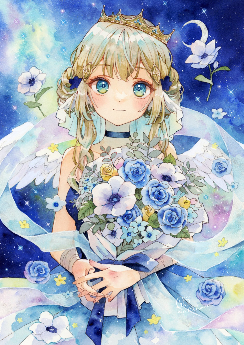 Safebooru - 1girl bandaged wrist bandages blonde hair blue choker blue eyes blue flower blush ...