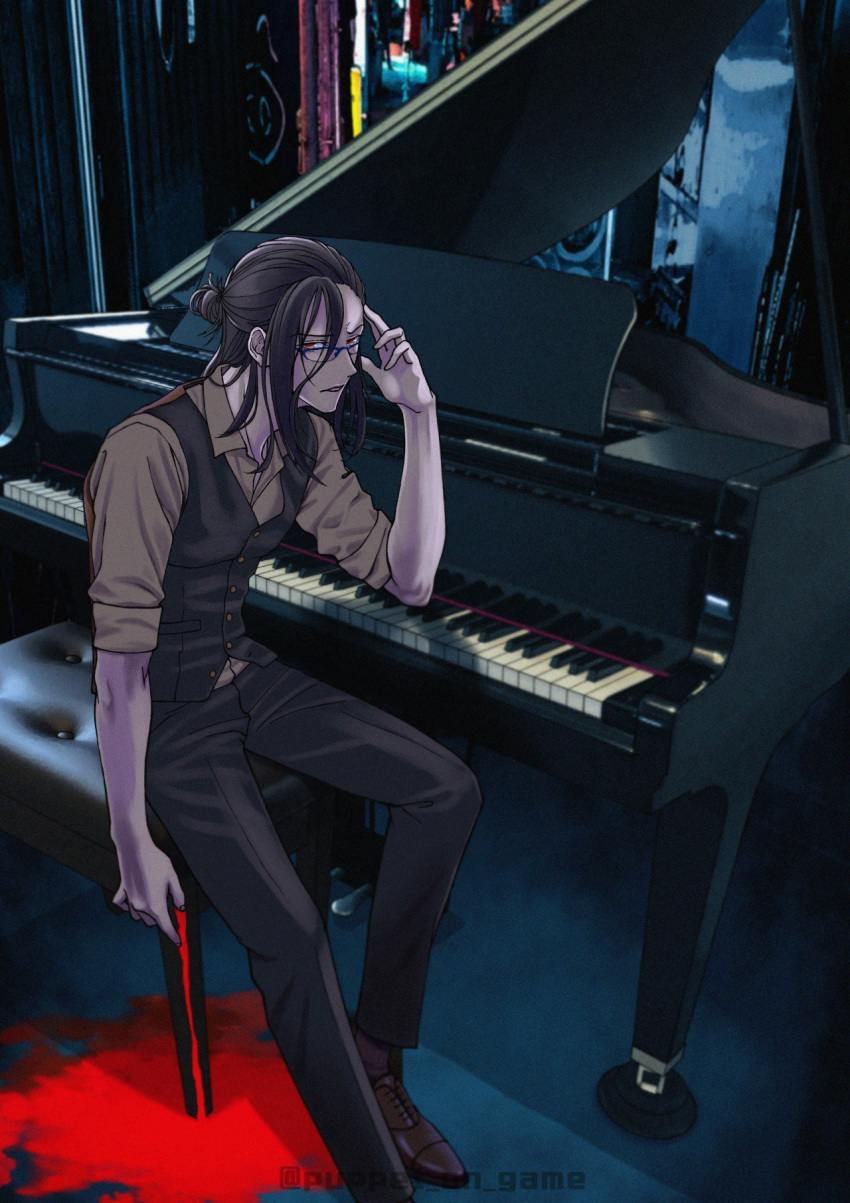 Safebooru - 1boy artist name black hair black pants black vest blood collared shirt commission ...