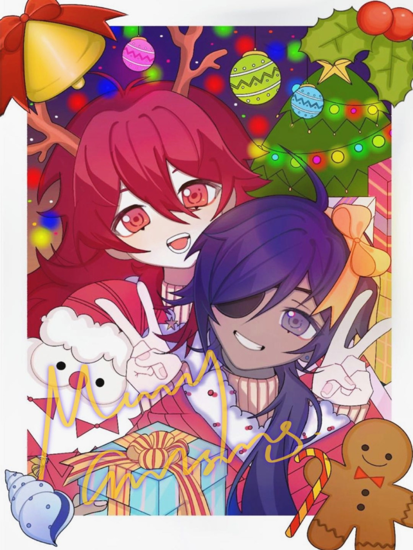 Safebooru - 2boys ahoge antlers bell black eyes blue hair border brown ...