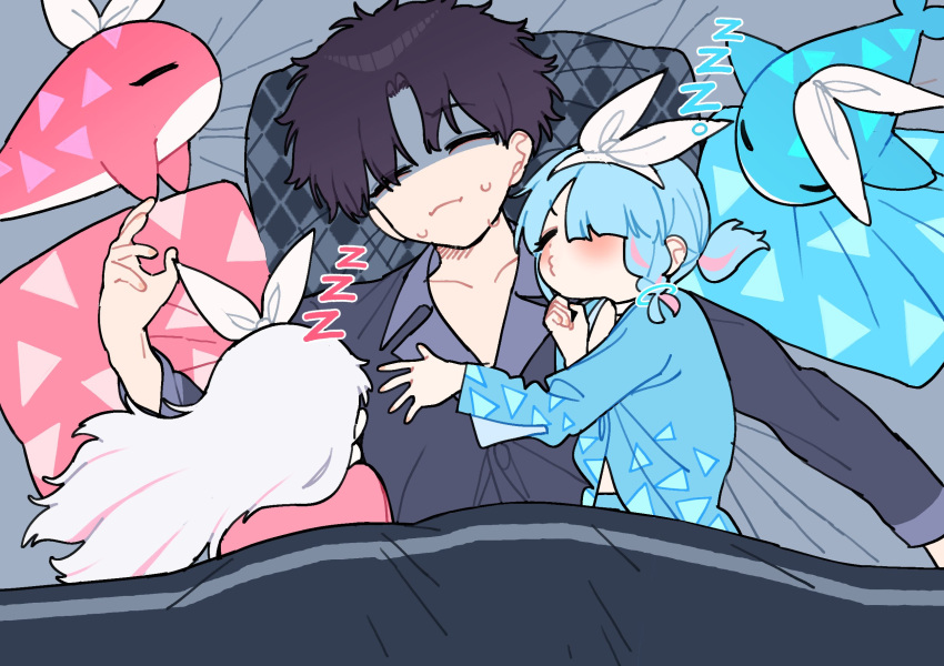 Safebooru - 1boy 2girls alternate costume alternate hairstyle arona (blue archive) bed sheet ...