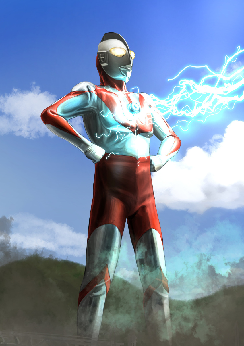 Safebooru - 1boy absurdres alien attack trail blue sky clenched hands ...