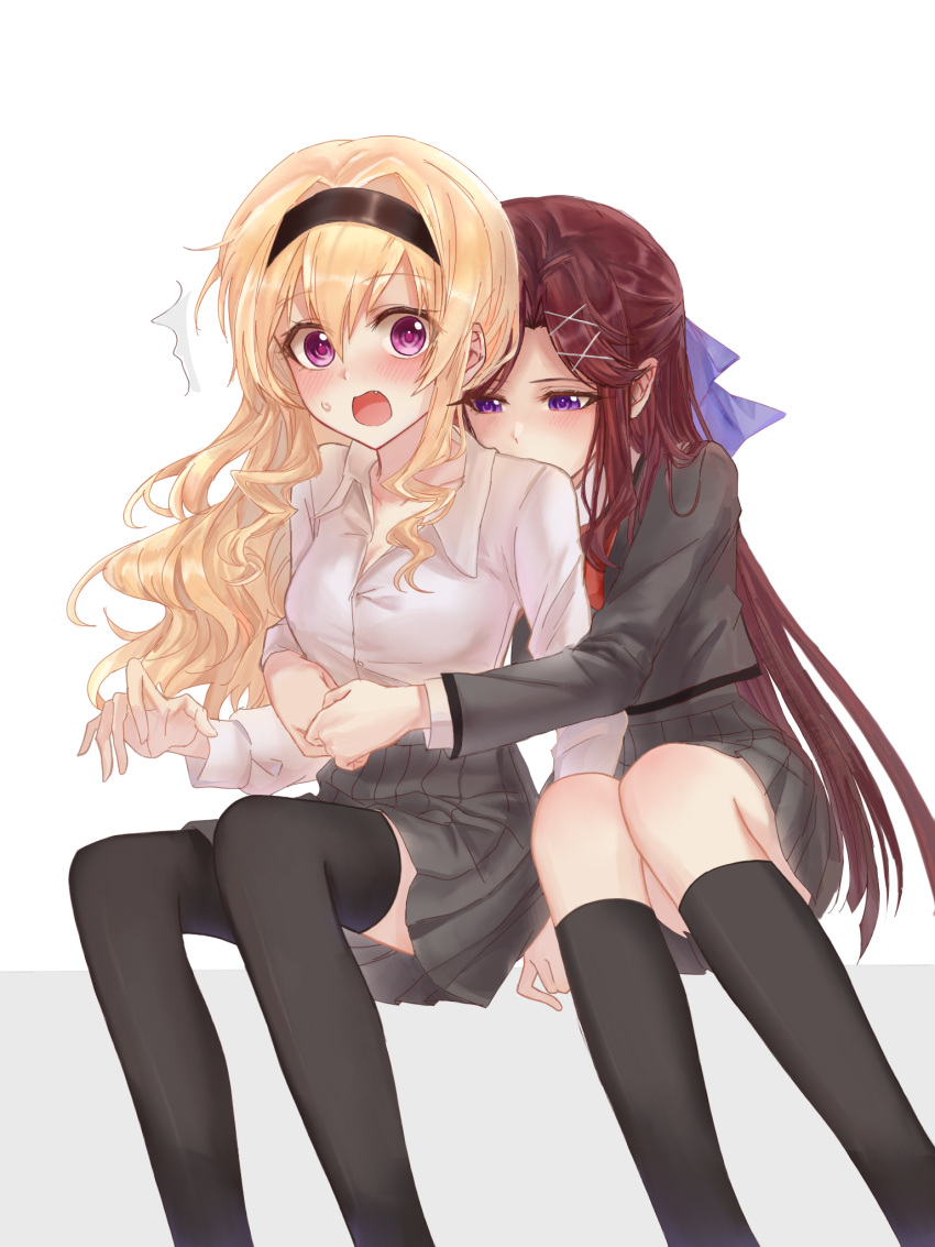 Safebooru - 2girls black headband blonde hair brown hair couple embarrassed hair ornament hair ...