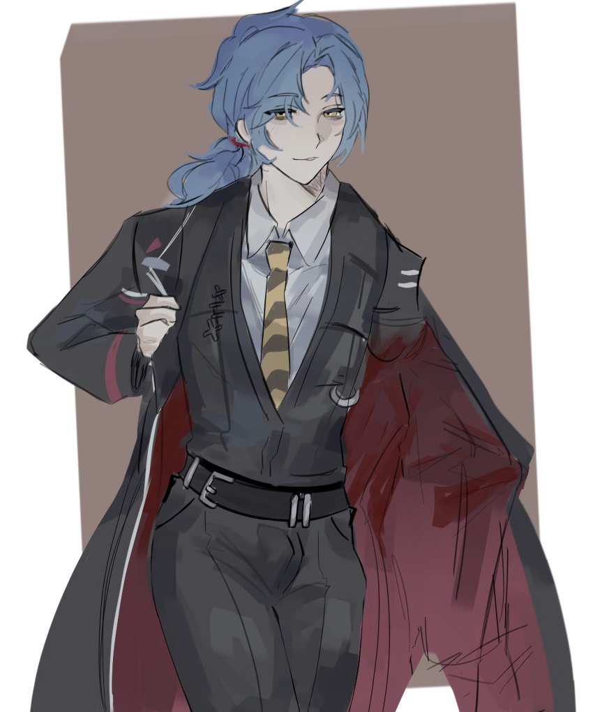 Safebooru - 1boy belt black suit black vest blue hair border chesed (project moon) cowboy shot ...