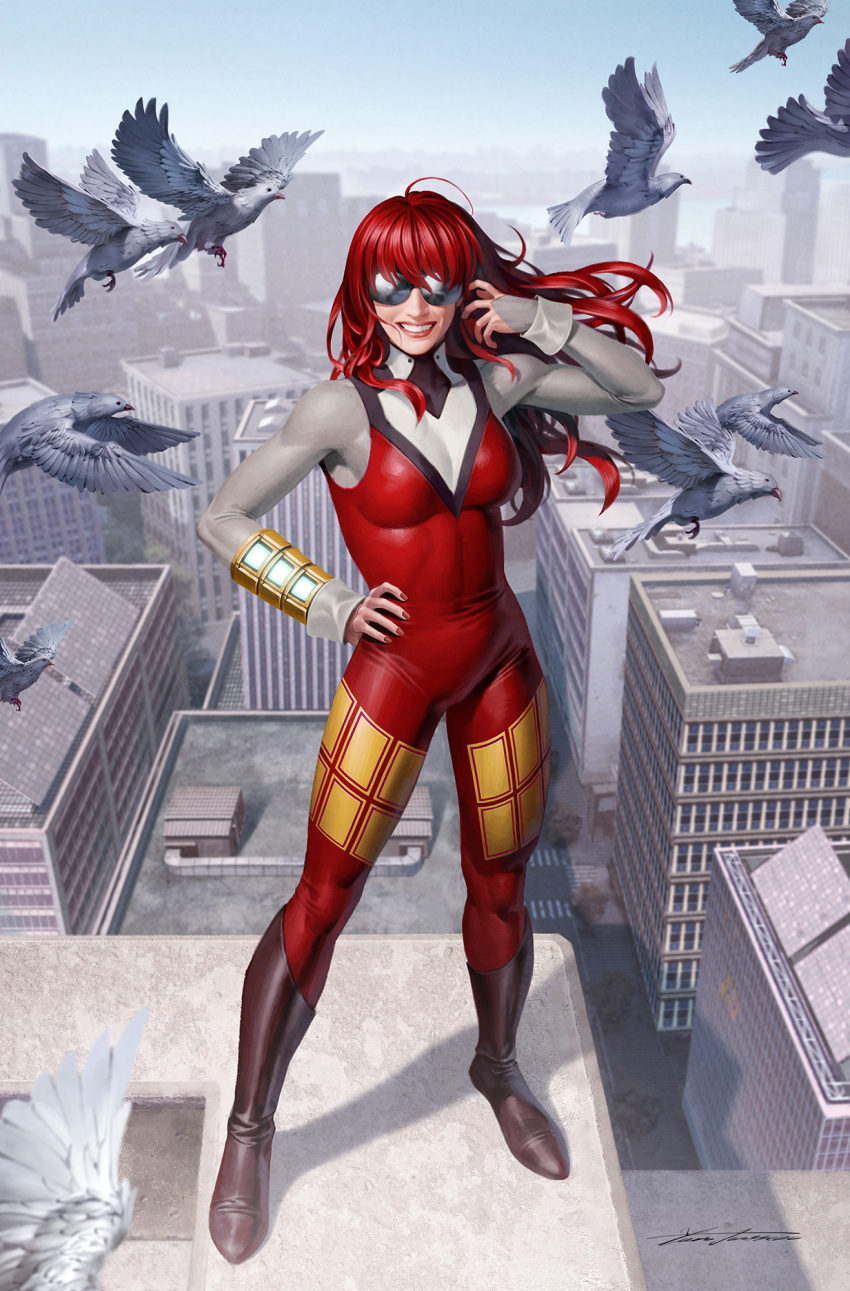 Safebooru - 1girl bird bodysuit boots breasts brown footwear building day grey bird grey ...