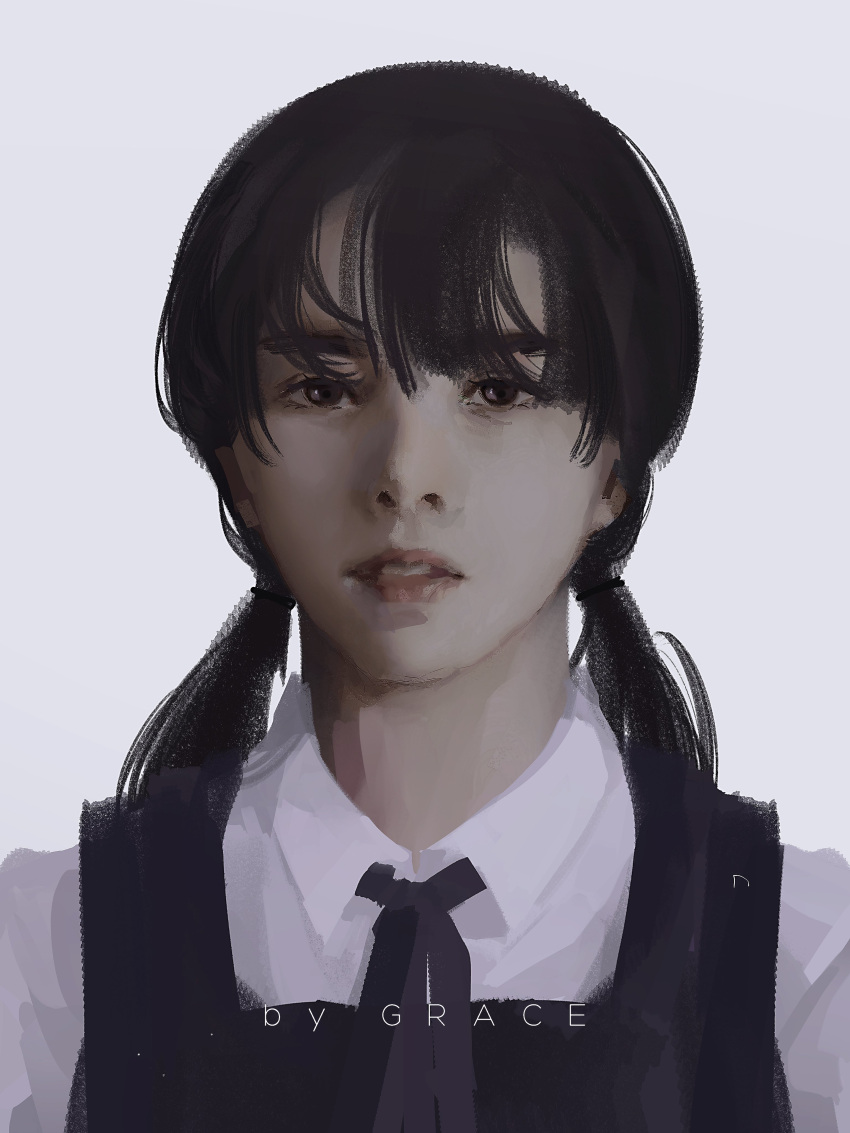 Safebooru - 1girl absurdres black dress black eyes black hair black ribbon chainsaw man collared ...