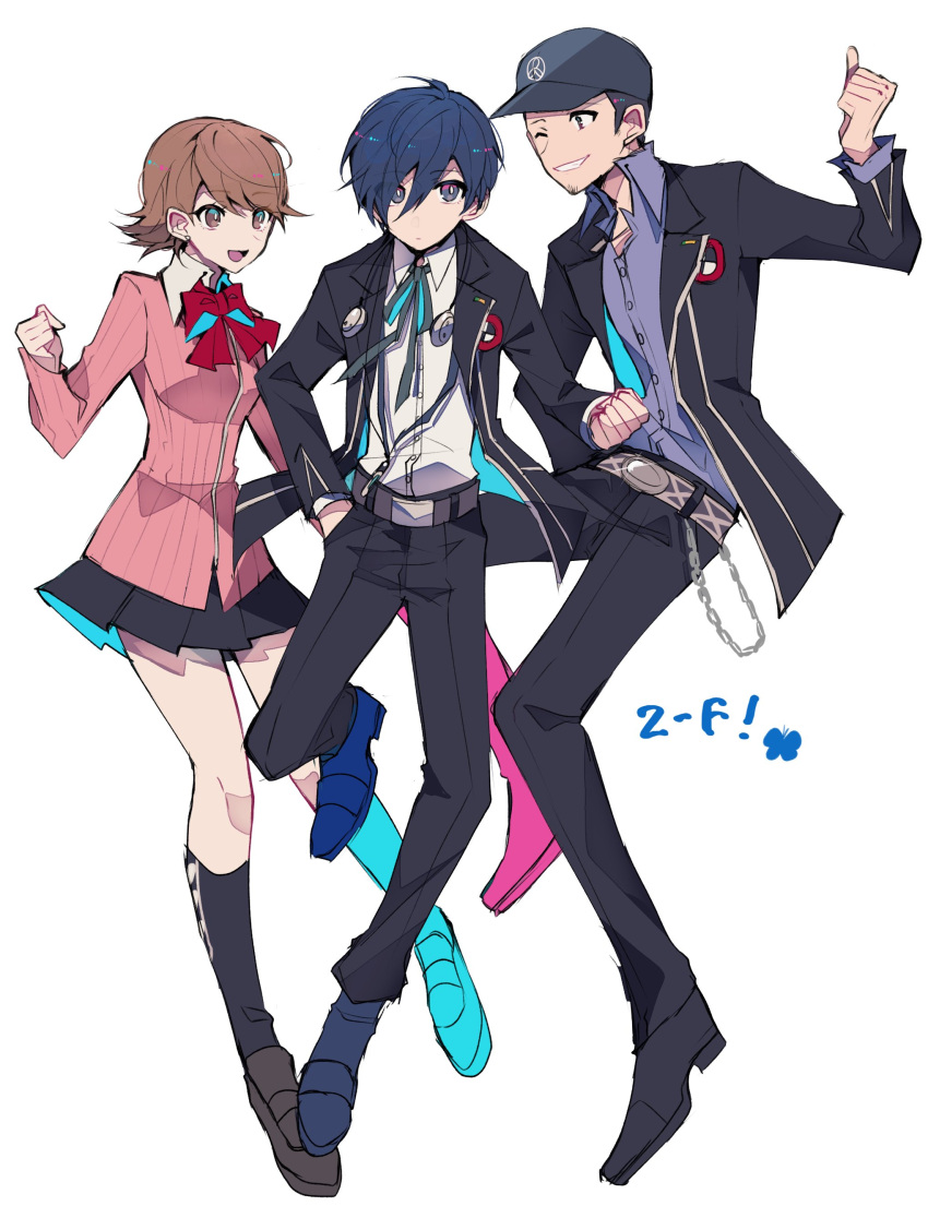 Safebooru - 1girl 2boys absurdres baseball cap belt black hair black jacket black pants black ...