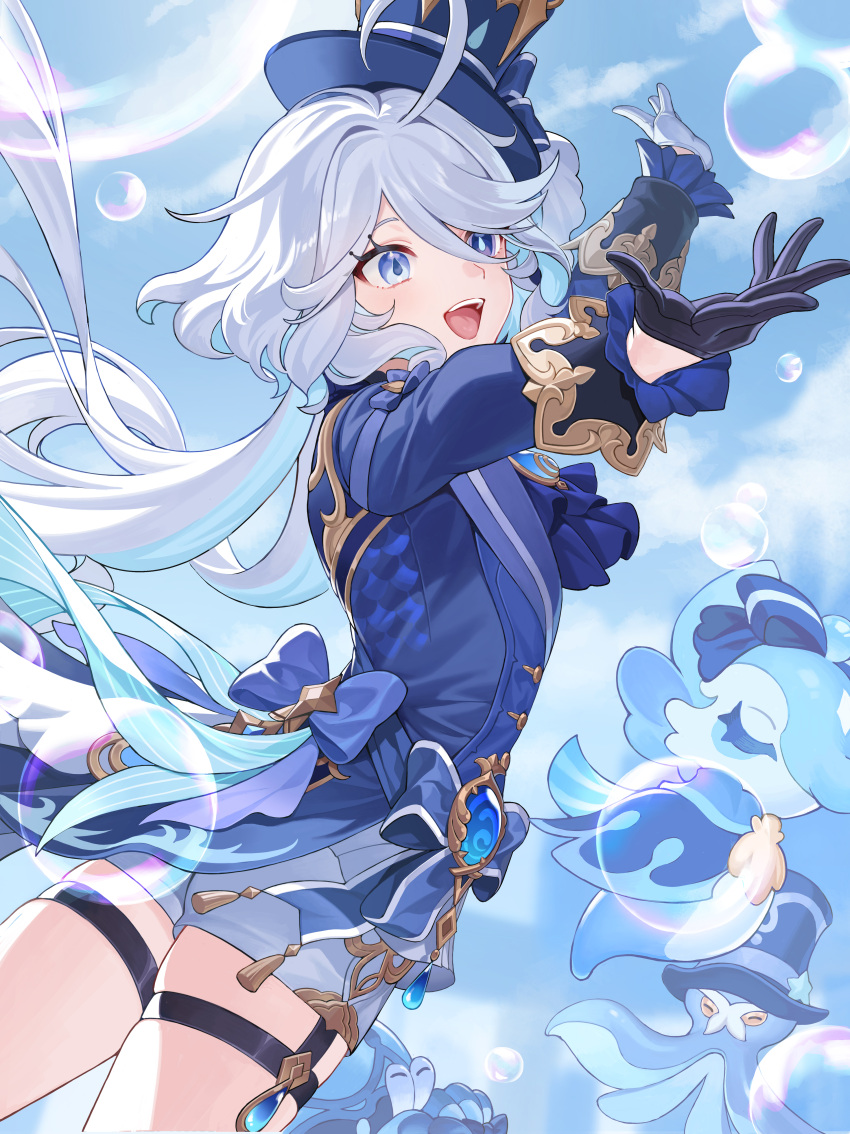 Safebooru - 1girl :d absurdres ahoge asymmetrical gloves back bow black ...