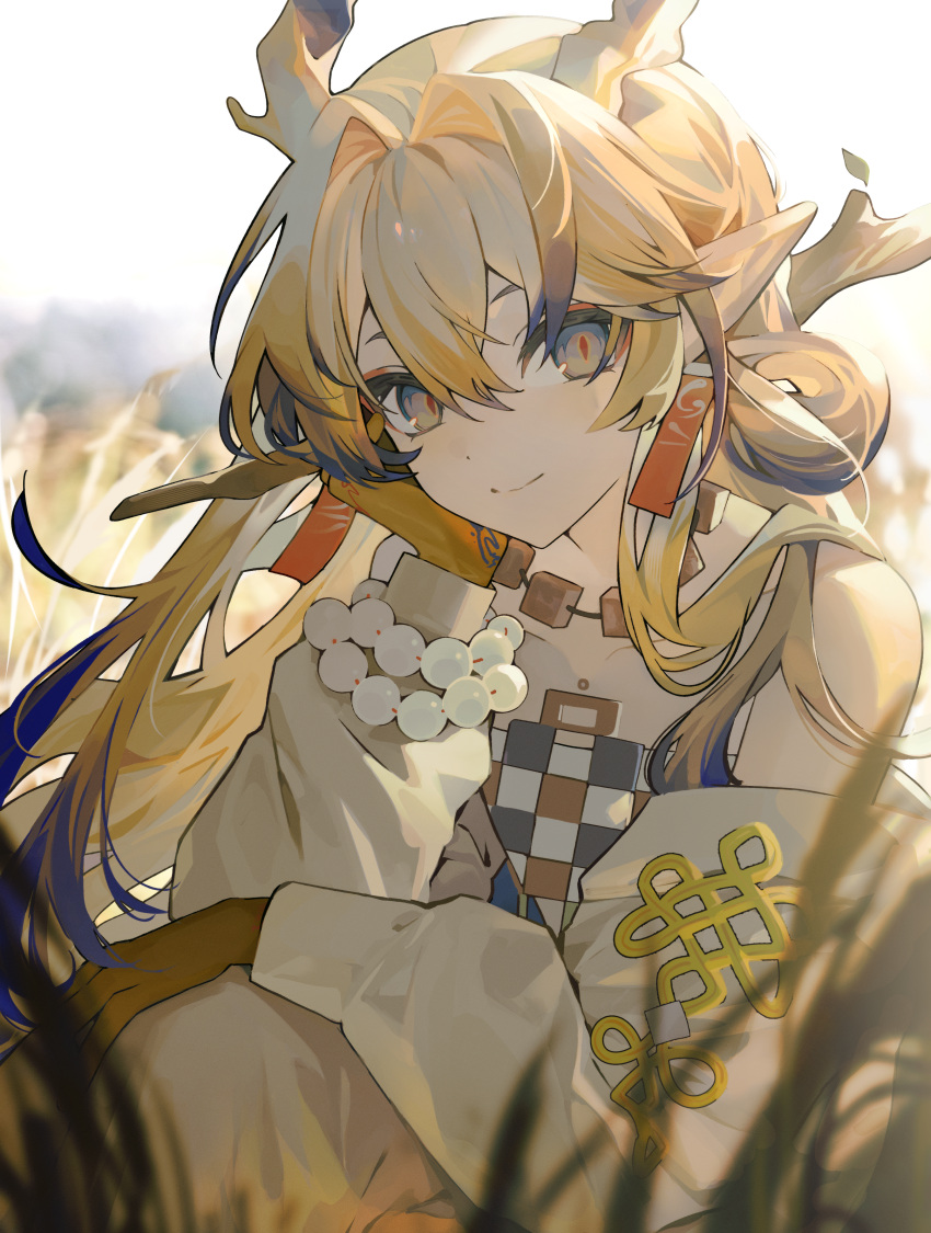 Safebooru - 1girl absurdres arknights arm support bare shoulders bead bracelet beads blonde hair ...