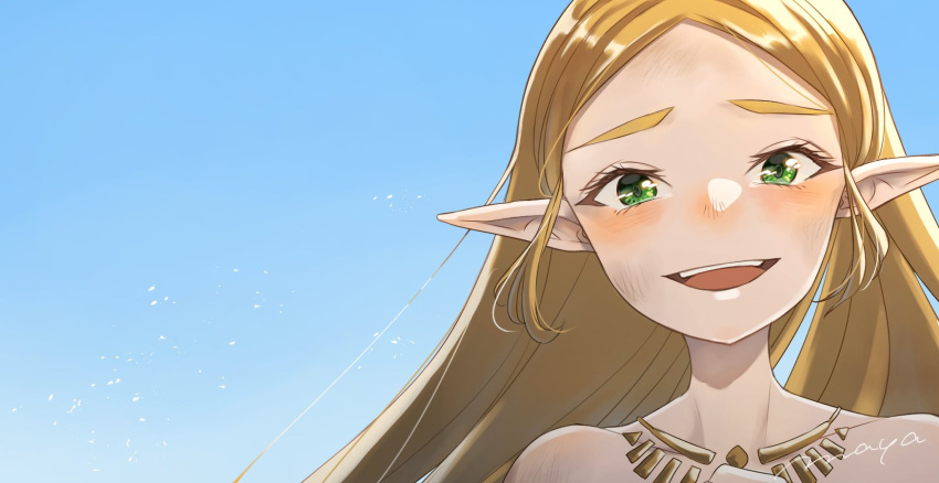 Safebooru - 1girl :d artist name blonde hair blush close-up collarbone elf green eyes highres ...