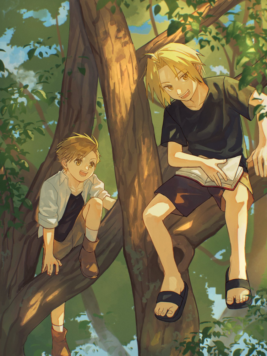 Safebooru - 2boys alphonse elric black footwear black shirt black shorts blonde hair book book ...