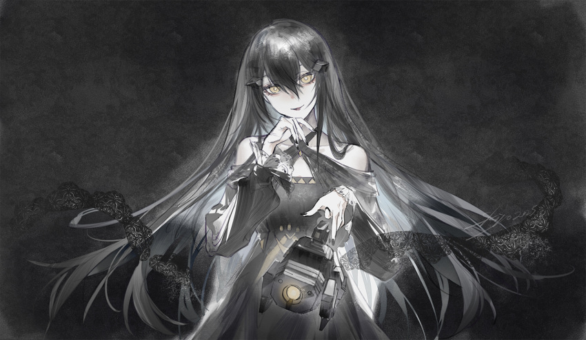 Safebooru - 1girl bare shoulders black background black dress black ...