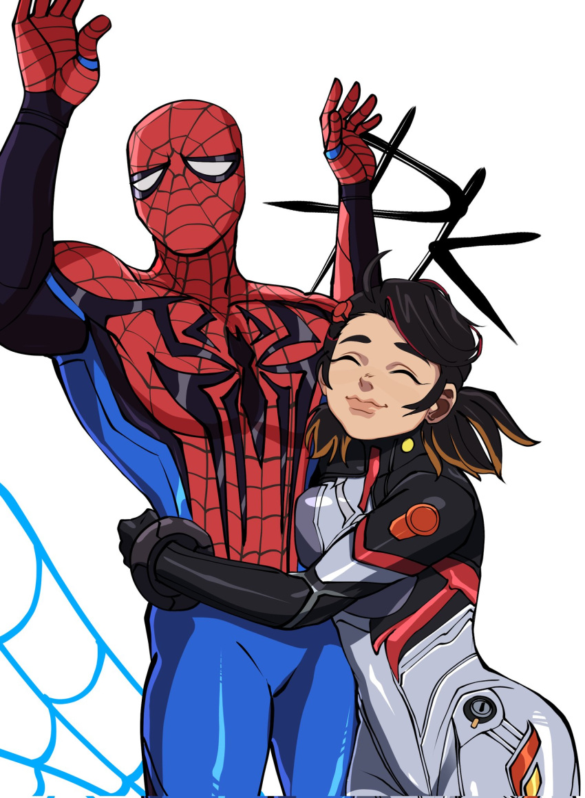 Safebooru - 1boy 1girl black hair bodysuit friends highres hug marvel marvel rivals pencilkami ...