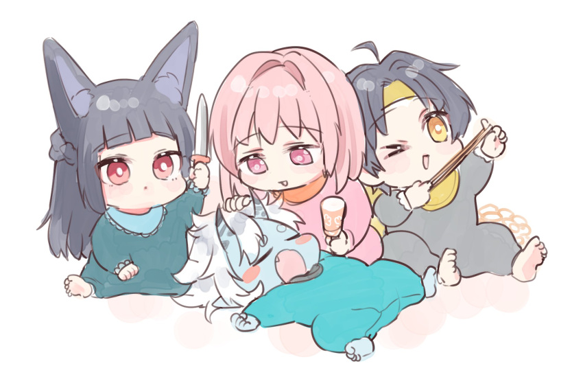 Safebooru - 1boy 3girls aged down animal ear fluff animal ears asaba harumasa black hair blue ...