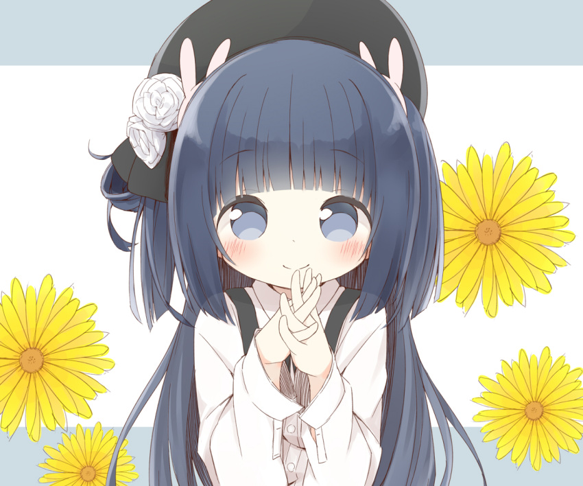 Safebooru - 1girl ayanepuna beret black hat black ribbon blue background blue eyes blue hair ...