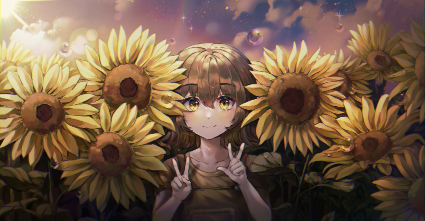 Safebooru - 1girl absurdres alternate costume brown hair brown shirt facing viewer flower ...