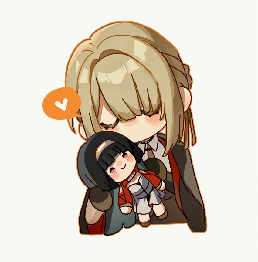 Safebooru - 2girls astra yao black hair black jacket blonde hair blush chibi closed eyes evelynn ...