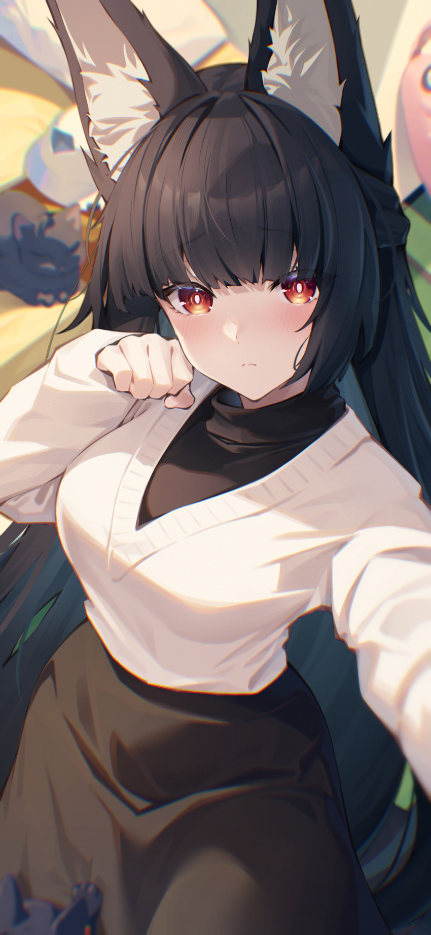 Safebooru - 1girl absurdres animal ear fluff animal ears black hair black skirt blunt bangs ...