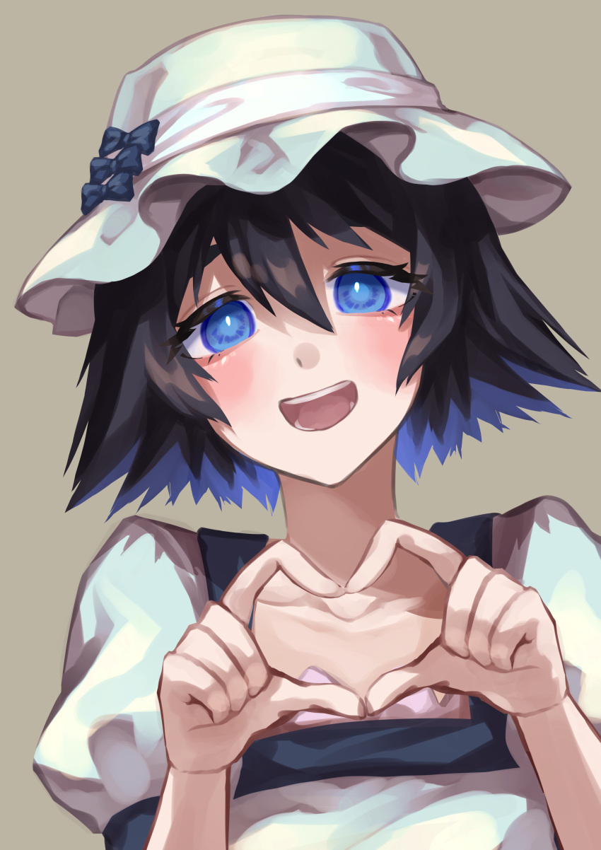 Safebooru - 1girl 4-finger heart hands :d absurdres beekan black hair blue bow blue eyes blue ...