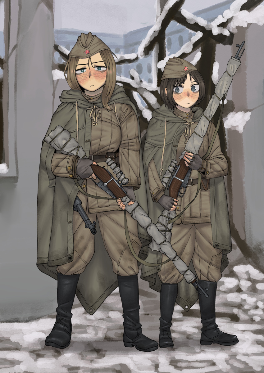 Safebooru - 2girls absurdres black hair blonde hair blue eyes blush bolt action boots ...