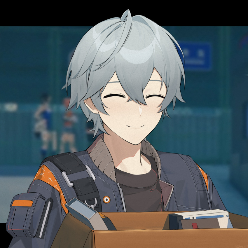 Safebooru - 1boy black shirt blue jacket box closed eyes closed mouth ...