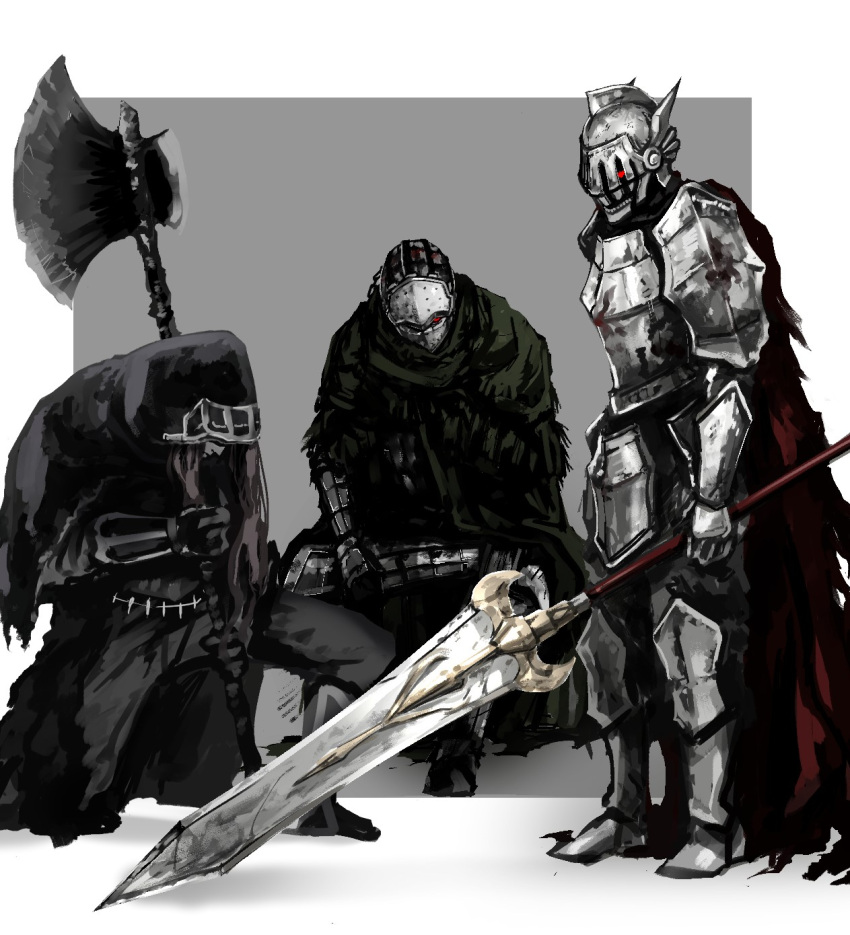 Safebooru - 3boys armor axe battle axe cape cloak commentary request ...