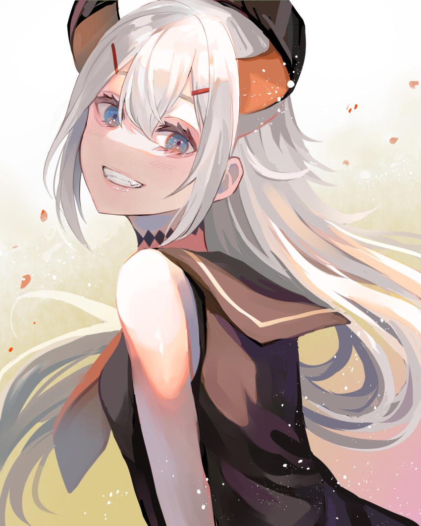 Safebooru - 1girl black horns blue eyes grin highres horns levi elipha ...