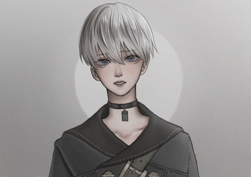 Safebooru - 1boy 9s (nier:automata) belt black choker black jacket choker grey background grey ...