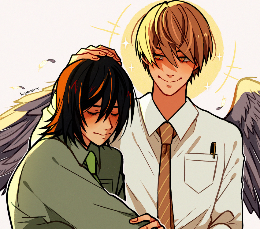 Safebooru - 2boys absurdres angel angel wings black hair blush brown hair death note feathered ...