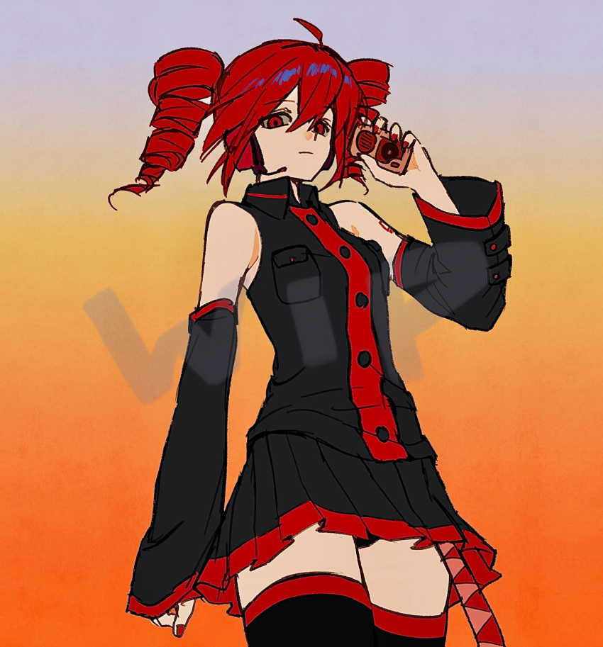 Safebooru - 1girl ahoge bare shoulders belt black sleeves black thighhighs breast pocket buttons ...